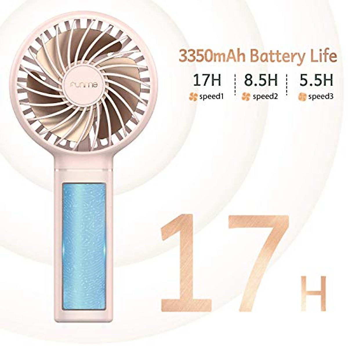 OUTXE Funme Mini Makeup Fan 3350mAh Eyelash Fan Portable Fan Handheld Fan USB 3 Settings Small Personal Fan Lightweight for Girls Women