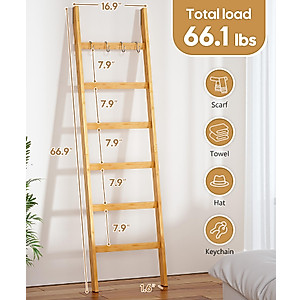 Cozivolife Blanket Ladder 6-Tier,Bamboo Towel Rack with 2 Anti-Tip Straps and 4 Hooks,Ladder Shelf Easy Assembly,Wall-Leaning Blanket Rack,Rustic Decorative Farmhouse Storage (Natural)