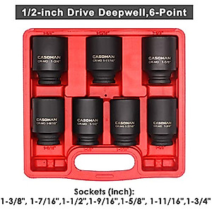 CASOMAN 1/2-Inch Drive Deep Spindle Axle Nut Impact Socket Set, Inch, Cr-Mo, 6-Point, 1-3/8-Inch - 1-3/4-Inch, 7 Piece Axle Socket Set