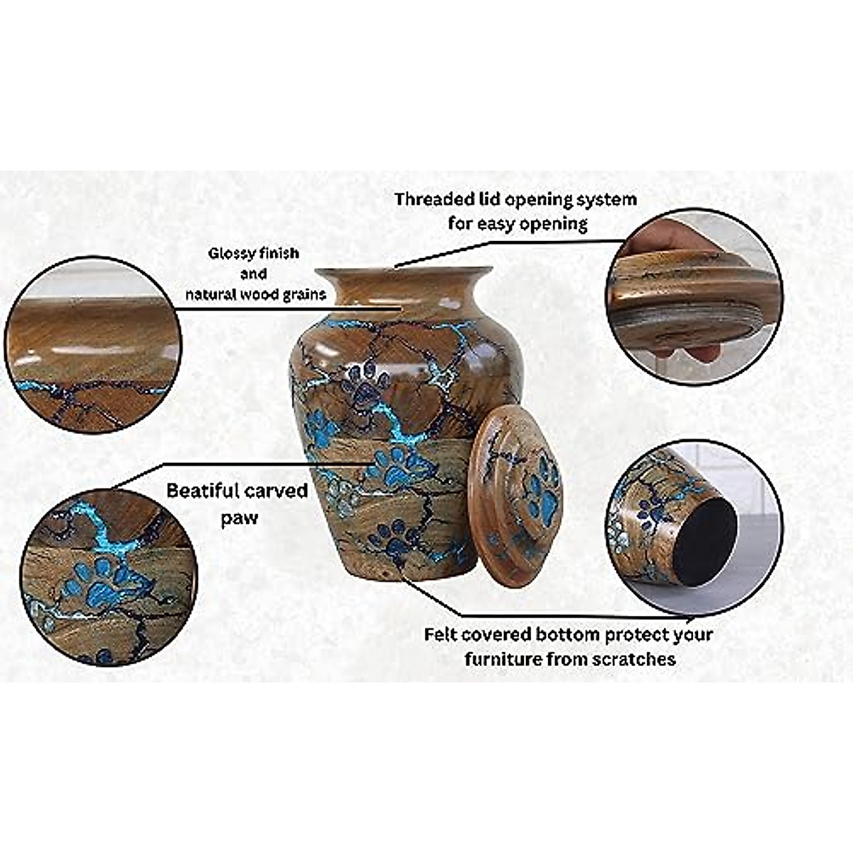 Medium Size Lightning Strike Wooden Pet Urns for Dogs Ashes, Turn Wood pet Cremation urns with Threaded Lid | Carved Paw Cat/Dog Urn for Pet Ashes Dog (Lightening Work, Medium 65 cu inches)