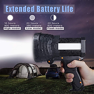 YIERBLUE Rechargeable Spotlight, Super Bright 1000,000 LM LED Flashlight Handheld Spotlight 10000mAh Long Lasting Large Flashlight Searchlight and Flood Camping Flashlight with Foldable Tripod Black
