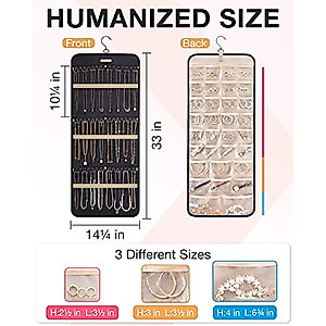 BAGSMART Hanging Jewelry Organizer Storage Roll with Hanger Metal Hooks Double-Sided Jewelry Holder for Earrings, Necklaces, Rings on Closet, Wall, Door, 1 piece, Large, Black