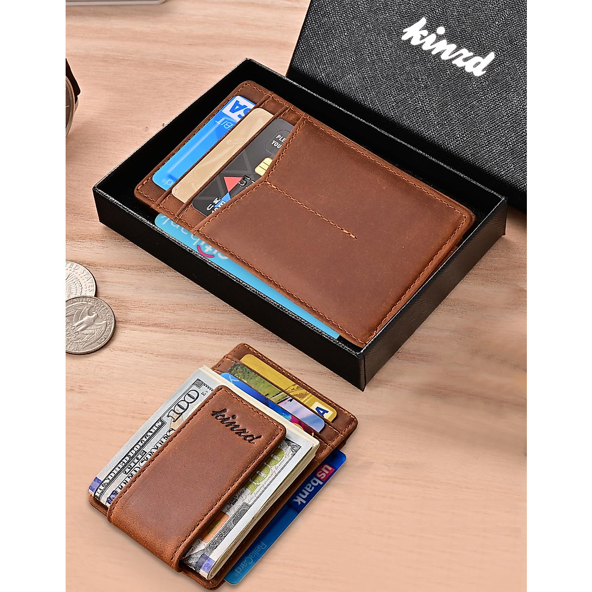 kinzd Money Clip Crazy Horse Leather Slim Minimalist Wallet for Men RFID Blocking Strong Magnet Money Clips Front Pocket Wallet