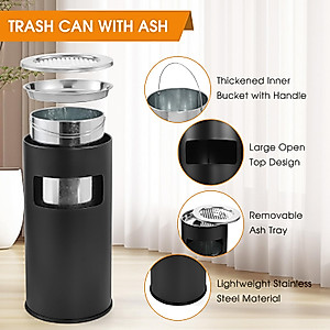 Hiteemer Outdoor Trash Can with Lid Round, Stainless Steel Garbage Can Waste Bin with Removable Inner Barrel Dome for Indoor,Home,Office,Restaurant,Patio,Garden,Kitchen(Black)