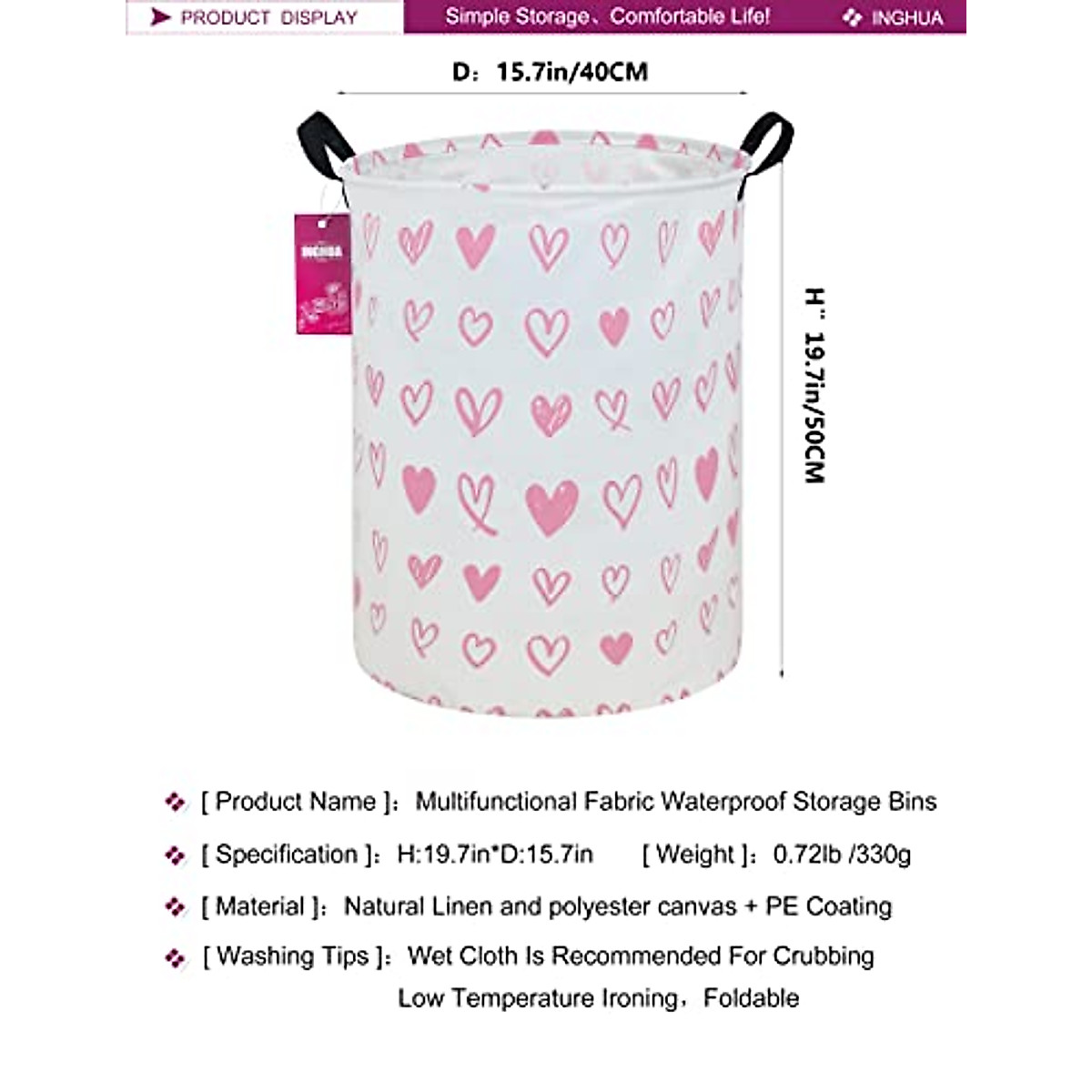 INGHUA Laundry Hamper Large Canvas Fabric Lightweight Storage Basket/Toy Organizer/Dirty Clothes Collapsible Waterproof for College Dorms, Boys and Girls Bedroom,Bathroom(Pink hearts)