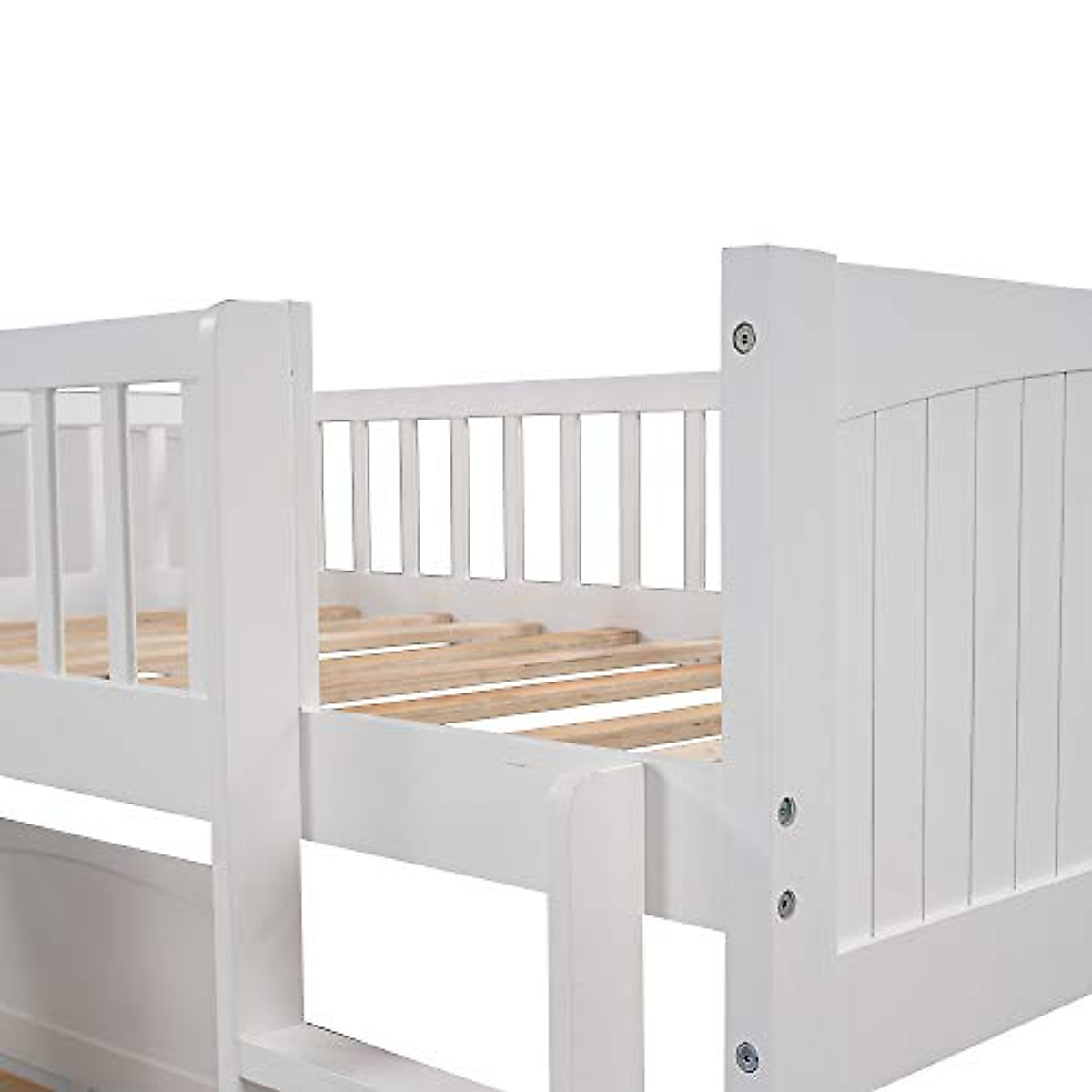BOVZA Twin Over Twin L-Shaped Triple Bunk Beds with 2 Storage Drawers and 2 Ladders, Wood Bunk Beds with a Loft Attached for 3 Kids Teens, White