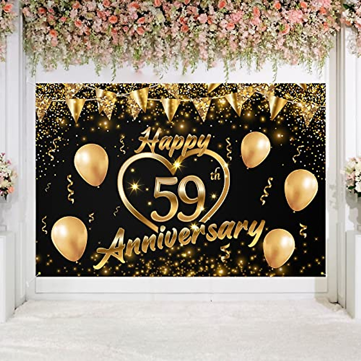 Happy 59th Anniversary Backdrop Banner Decor Black Gold – Glitter Love Heart Happy 59 Years Wedding Anniversary Party Theme Decorations for Women Men Supplies, 3.9 x 5.9 ft