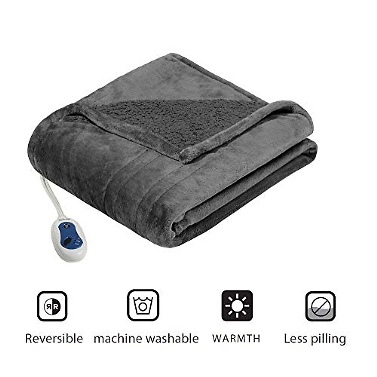 Beautyrest Reversible Microlight to Sherpa Electric Blanket, Auto Shut Off, Virtually Zero EMF, Multi Heat Setting, UL Certified, Machine Washable, Grey Oversized Throw (60 inx70 in)