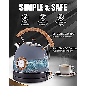 Electric Kettle, Talafa 1.7L / 1500W Retro Electric Tea Kettles for Boiling Water, Stainless Steel Hot Water Boiler with Thermometer, Auto Shut-off & Boil-Dry Protection, Anti-scald Wood Handle