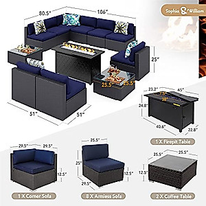 Sophia & William 12 PCS Patio Furniture Set with 45-Inch Fire Pit Table All-Weather Rattan Outdoor Sectional Sofa Patio Conversation Set w/9 Navy Blue Sofa Seats, 2 Tempered Glass Table