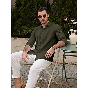 JEKAOYI Mens Casual Long Sleeve Cotton Linen Shirts Buttons Down Solid Plain Roll-Up Sleeve Summer Beach Shirts Olive Green