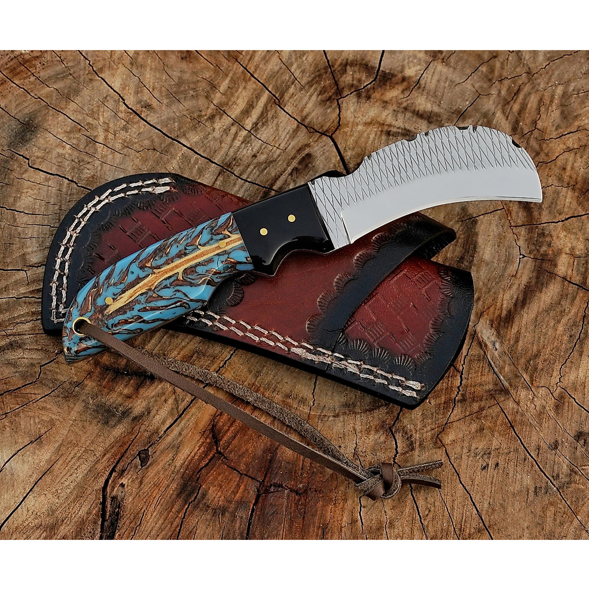 BE BREAK EDGE Handmade Steel Lineman’s Hawkbill knife with Leather sheath,Wire Skinning knife,Heavy Duty Utility knife, Fixed blade Full Tang Electrician knife for professional,(Bison Horn Handle)