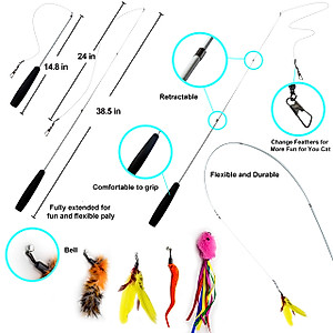 SillyPet Youngever 12 Pieces Cat Toys Teasing Feather Toy, Retractable Wand with Assorted Teaser Refills, Interactive Feather Teaser Wand Toy Bell Kitten Cat Having Fun Exerciser Playing