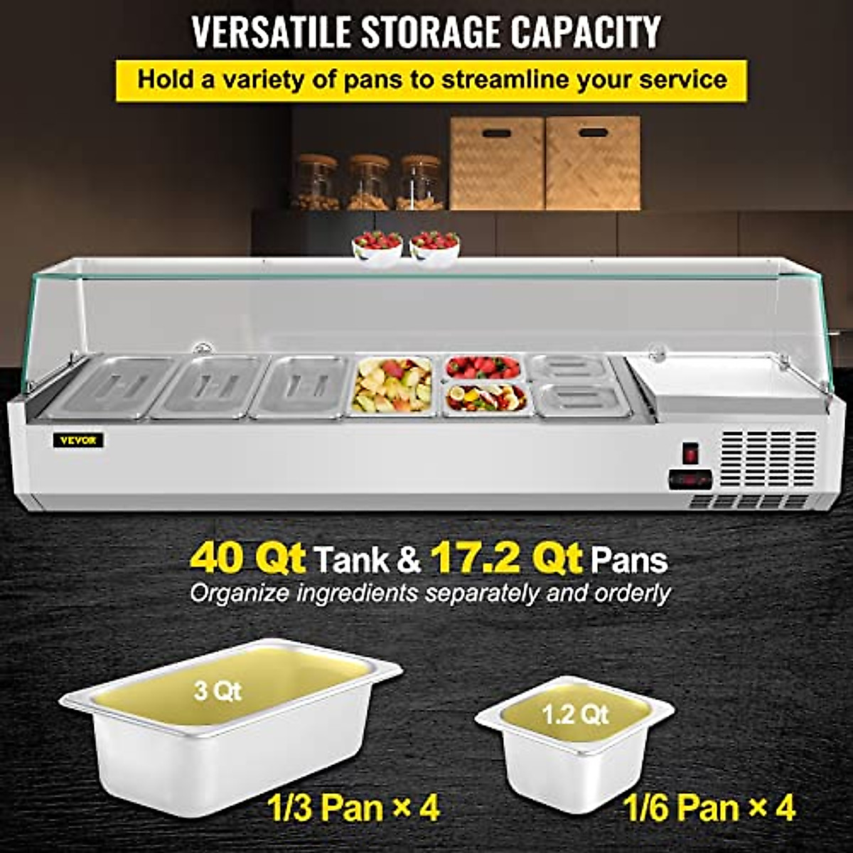 VEVOR Refrigerated Condiment Prep Station, 60-Inch, 16.8Qt Sandwich Prep Table w/ 4 1/3 Pans & 4 1/6 Pans, 146W Salad Bar w/ 304 Stainless Body Tempered Glass Shield Digital Temp Display Auto Defrost