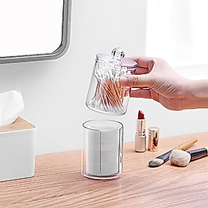 TIMESETL 5 Pack Qtip Holder Dispenser for Cotton Ball, Cotton Swab, Cotton Round Pads, Floss, 10 oz Clear Plastic Apothecary Jar Set for Bathroom Canister Storage Organization, Vanity Makeup Organizer