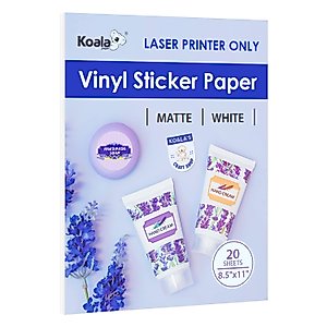 Koala Printable Vinyl Sticker Paper for LASER Printer, 20 Sheets Matte White Waterproof Sticker Paper 8.5X11 Inch, Work with Cutting Machine