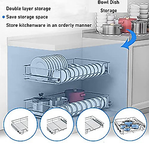 MYOYAY 2Pcs Pull Out Cabinet Organizer Bowls Dishes Storage Shelf Extendable Sliding Kitchen Drawer Heavy Duty Seasoning Cutlery Cookware Storing Basket Home Dining Organization