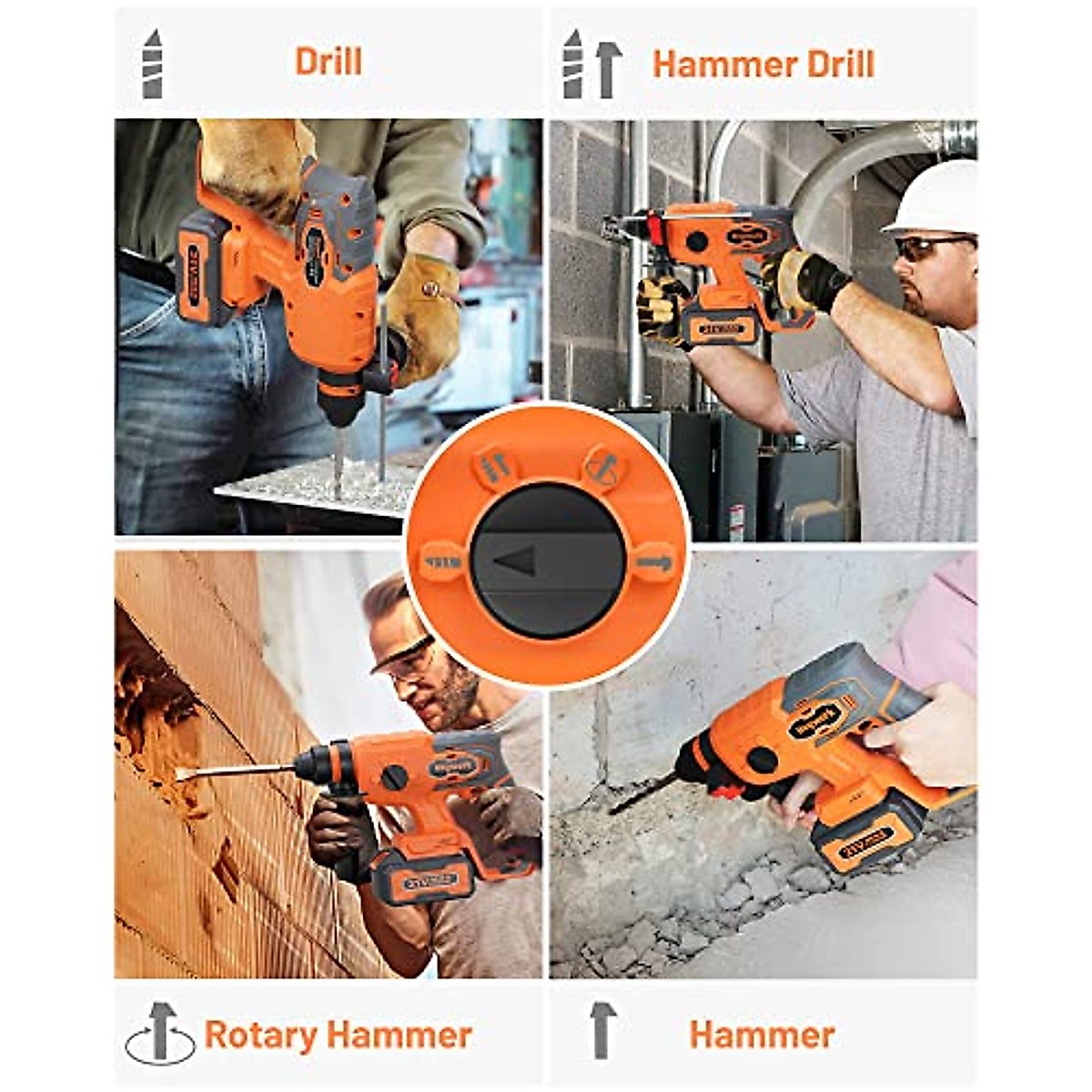 Heywork Cordless Rotary Hammer Drill, 4 Modes Variable Speed and Adjustable Handle, SDS-Plus Chuck Hammer Drill with 21V 2*4.0Ah Li-ion Battery and Charger, Electric Hammer Drill for Wall, Concrete.