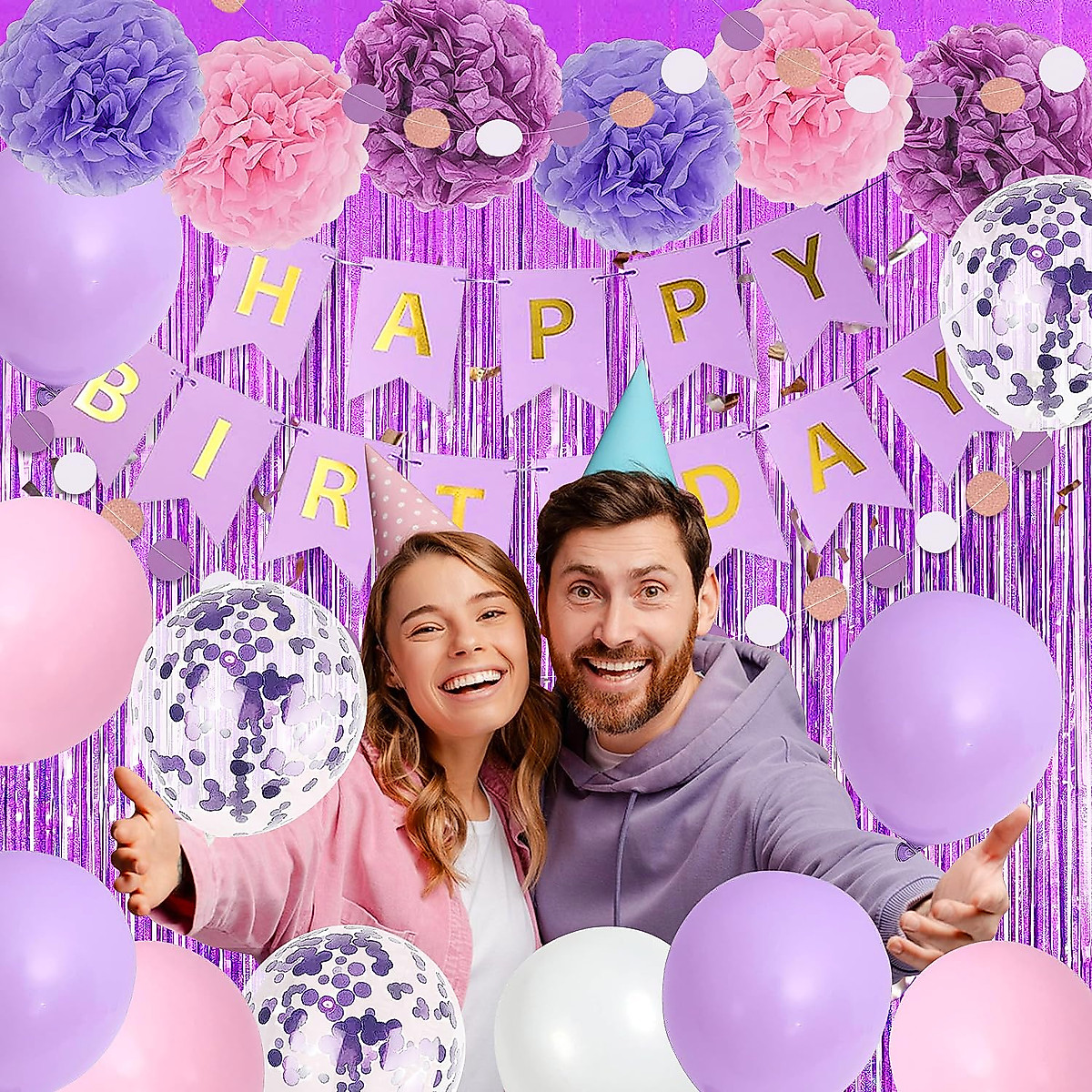 Upgraded Purple Pink Birthday Party Decorations for Women Girls with Happy Birthday Banner,Tissue Paper Pompoms,Circle Dots Garland,Fringe Curtains,Birthday Balloons,Purple Birthday Decor