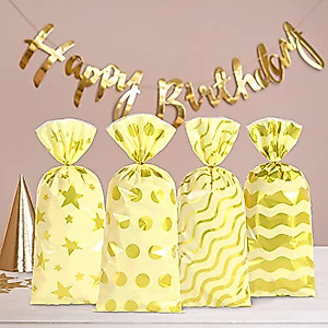GITMIWS 120pcs Cellophane Bags, Gold Candy Cookie Favor Bags, Plastic Gift Bags with Twist Ties for Birthday Wedding Favors Party Supply Bags (4 Pattern)
