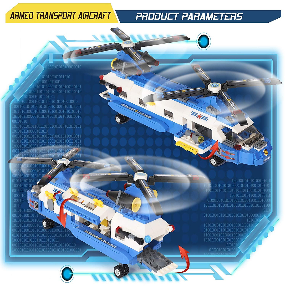 1648 Pieces City Police Armed Transport Helicopter Toy Building Blocks Set with Plane, Police Boat, Ship, Blocks Storage Box, Learning and Roleplay Construction Toy Gift for Boys Girls 6-12