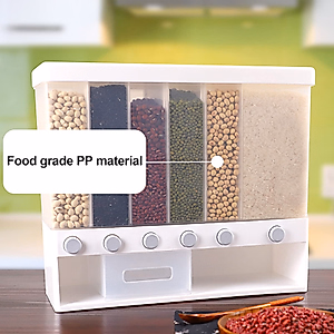 LUGBING Dry Food Dispenser, One-Click Rice Output Food Containers, Wall mounted 6 Grid Cereal Dispenser, Rice Dispenser Kitchen Storage for Rice, Beans, Grains