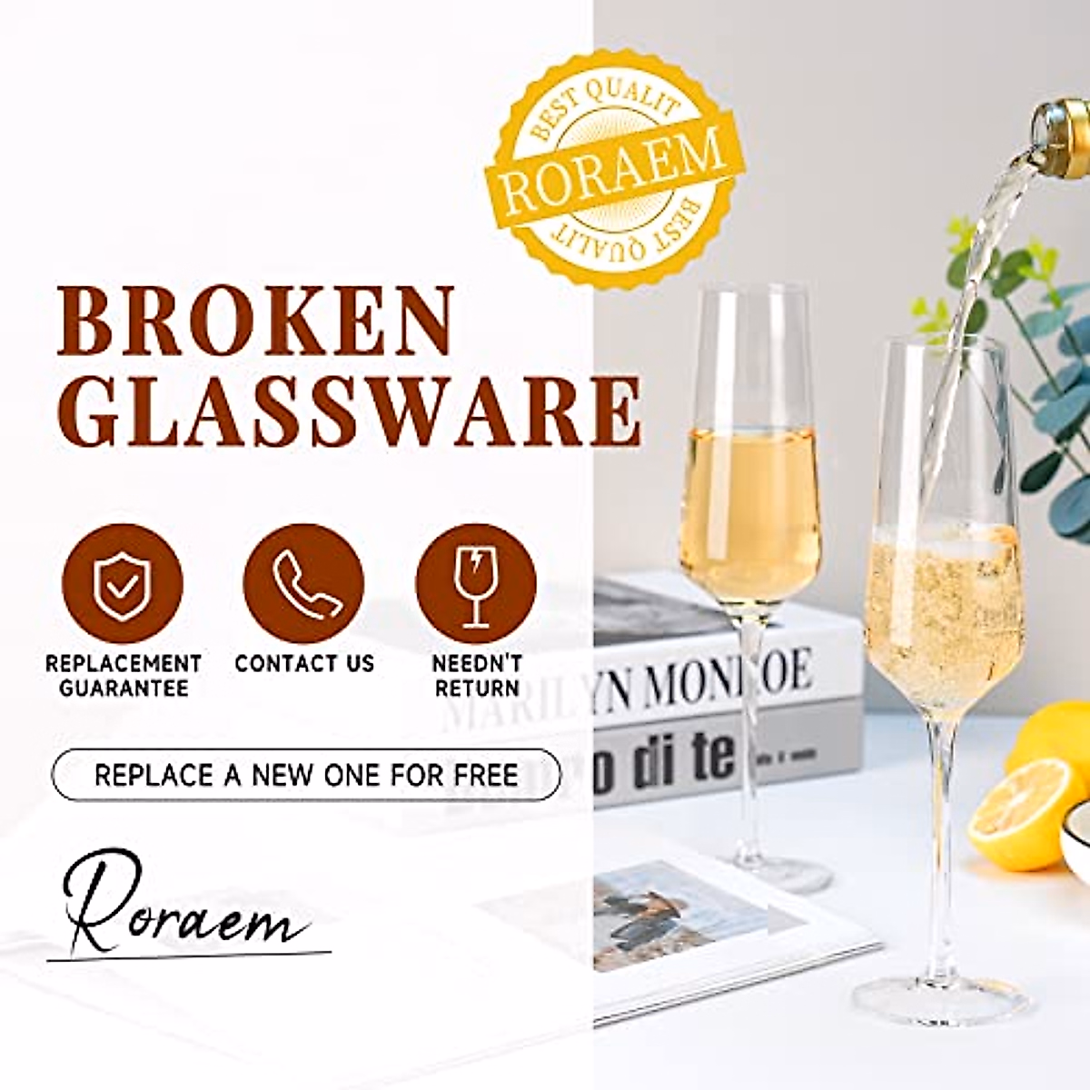 RorAem Champagne Flutes - Hand Blown Champagne Flutes Set of 4 Modern Champagne Glasses Crystal Champagne Flute Gifts for Wedding Birthday Party 8oz