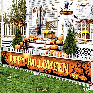 KatchOn, Happy Halloween Banner for Outdoor - 120x20 Inch | Orange and Black Happy Halloween Yard Banner | Happy Halloween Yard Sign for Halloween Yard Decorations | Halloween Banners for Outside