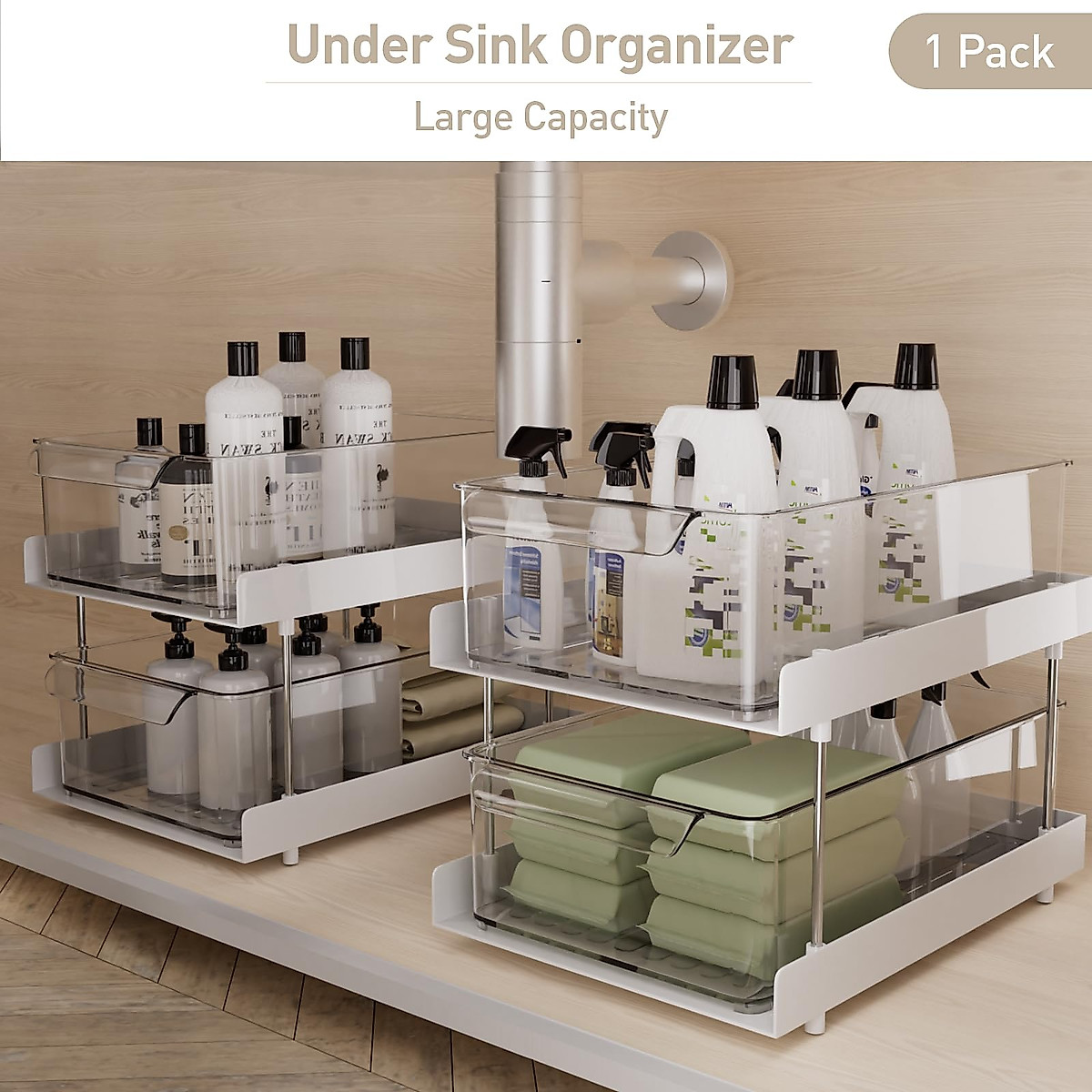 YuzhuSuye Under Sink Organizer 2 Tier Bathroom Storage and Organizer Multi-Purpose Clear Pull Out Cabinet Organizer Drawer Storage Shelves with Handles for Bathroom Kitchen Pantry Closet and Office