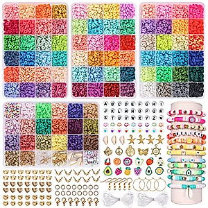 QUEFE 9000pcs, 90 Colors, Clay Beads for Bracelet Making Spacer Heishi Beads Flat Round Polymer Clay Beads for Jewelry Making Kit with Fruit Flower Beads Pendant Charms Kit and Elastic Strings