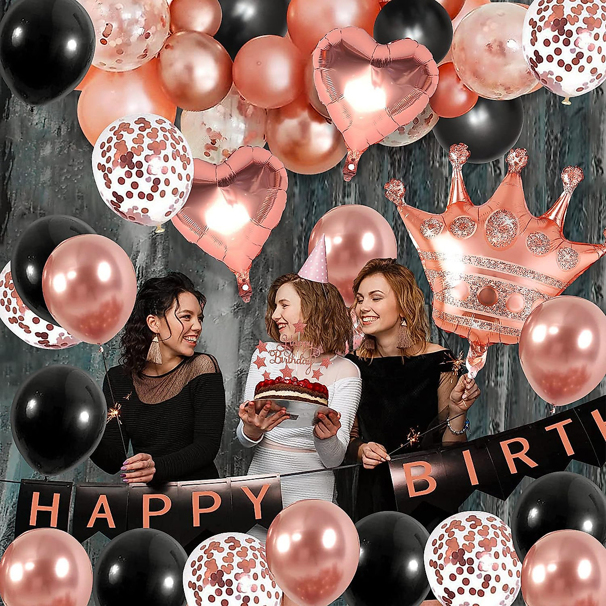 Rose Gold and Black Birthday Party Decorations with Happy Birthday Banner for Women Girls, Decor Set for Her, 16th 18th 21th 30th 40th 50th 60th 70th Supplies Balloons