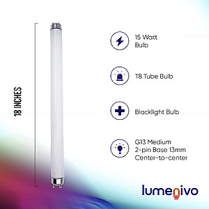 15W 18 Inch Black Light Bulb T8 by Lumenivo - F15T8 Black Light Bulb Replacement for 30W Electric Bug Zapper - G13 Medium 2-Pin Base - 2 Pack