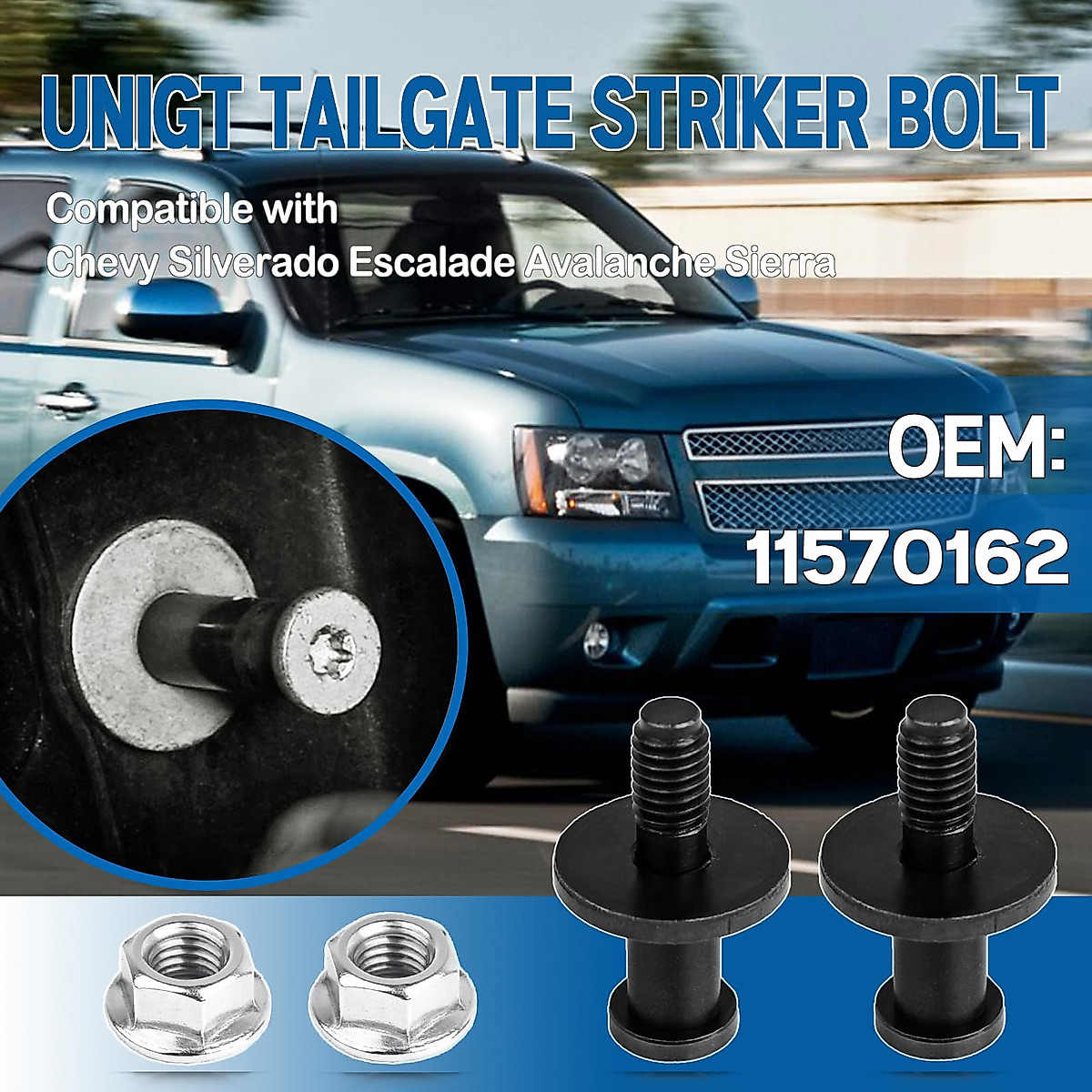 UNIGT 38427 Tailgate Striker Bolt Compatible with Chevy Silverado Escalade Avalanche Sierra Come with Nuts Replace 11570162 - Set of 2
