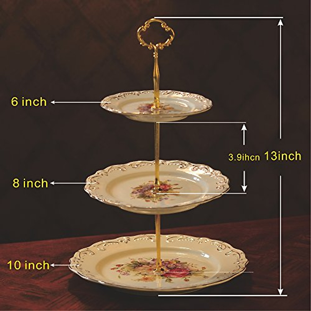 YOLIFE 3 Tiered Cupcake Stand, Cream Color Cake Platters, Flowering Shrubs Emboss Golden Leaves Edge Porcelain Tea Serving Tower Tray for Party Dessert Pastry