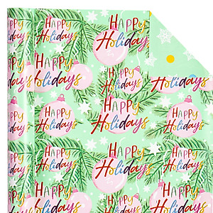 WRAPAHOLIC Reversible Christmas Wrapping Paper - Mini Roll - 17 Inch X 33 Feet - Happy Holiday Lettering with Christmas Ball Design for Chrsitmas, Holiday, Party Celebration