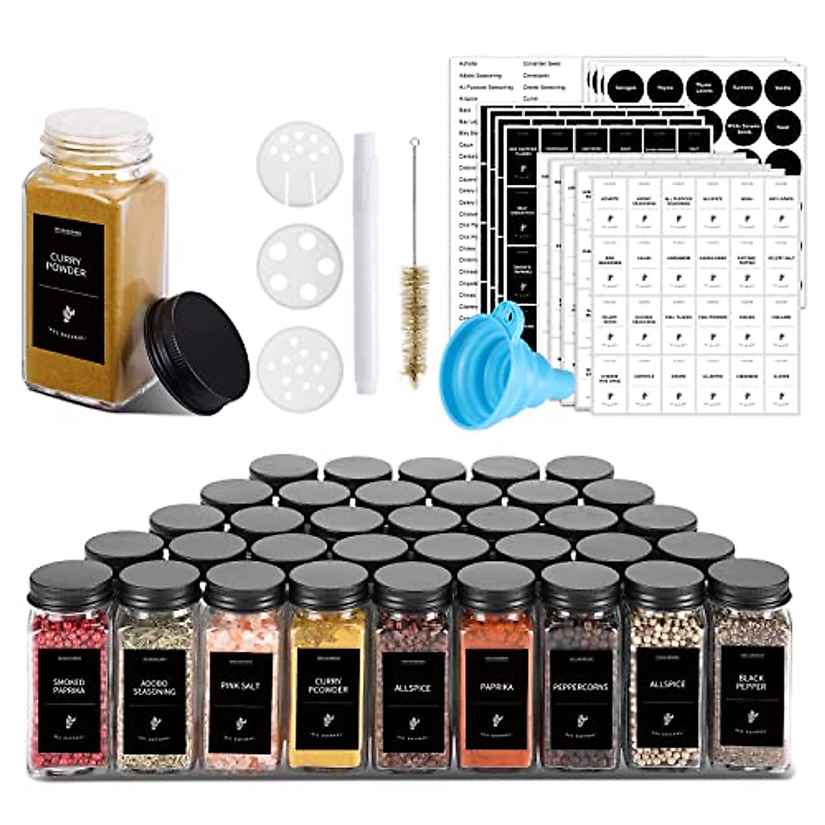CUCUMI 35pcs Spice Jars with Labels, Glass Spice Bottles with Black Metal Caps, 4oz Spice Containers with Shaker Lids, Funnel, Chalk Pen,Test Tube Brush, Seasoning Storage for Spice Rack, Cabinet