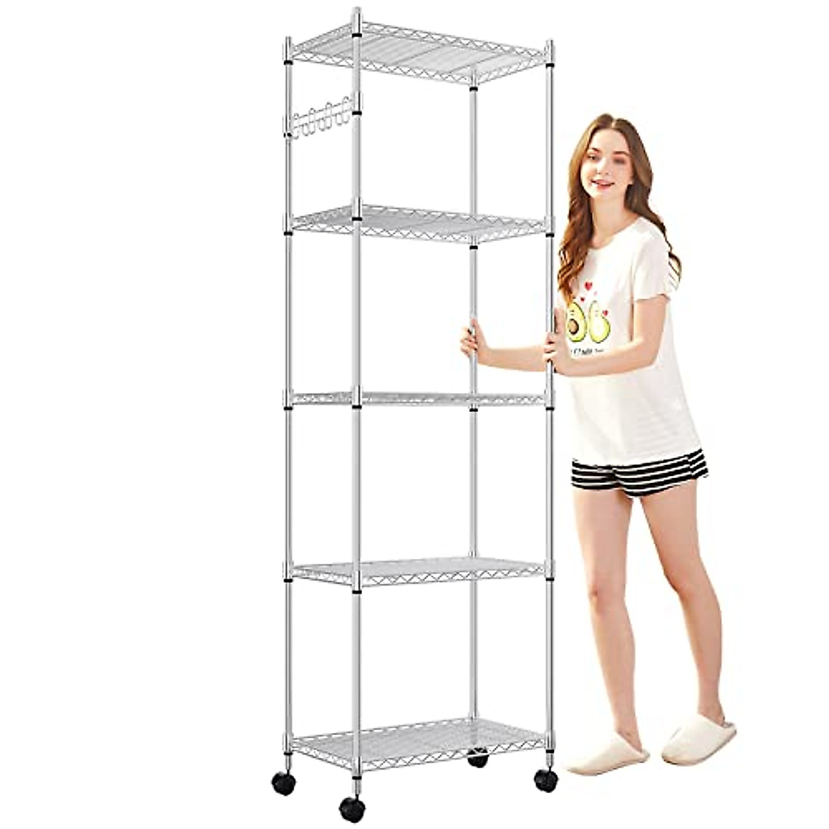 Devo 5-Tier Shelf Shelves for Storage, Wire Shelving Storage Racks, Heavy Duty Shelving, Adjustable Metal Shelf for Garage, Pantry, Kitchen, Side Hooks, Silver(14" D x 24" W x 71" H)