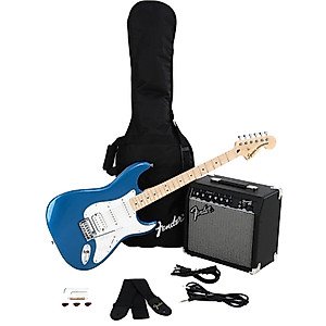 Fender Squier Affinity Series Stratocaster Electric Guitar Kit, with 2-Year Warranty, Lake Placid Blue, Maple Fingerboard with Frontman 15G Amplifier, Padded Gig Bag, Instrument Cable, and More