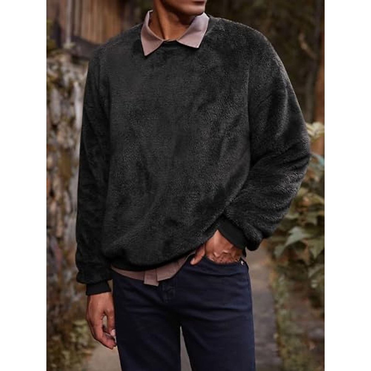 Mens Fuzzy Sherpa Sweatshirt Long Sleeve Fluffy Crew Neck Pullover Cozy Basic Unisex Fall Winter Warm Tops Black