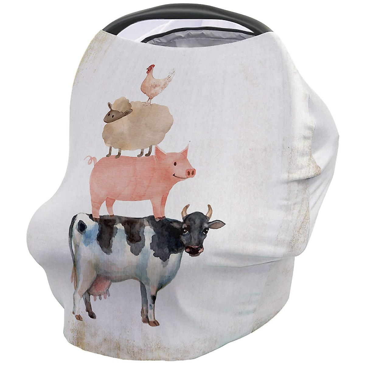Farm Retro Animals Baby Nursing Cover for Breastfeeding, Watercolor Cow Pig Sheep Chicken Breathable Stretchy Nursing Scarf Carseat Canopy for Boys or Girls Stroller Car Seat Covers Rustic Style