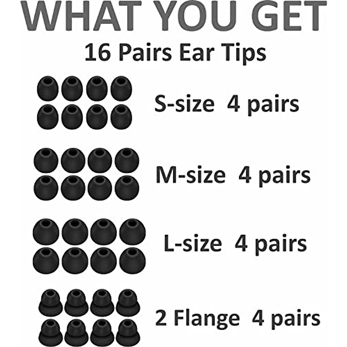 A-Focus 16 Pairs 3.8mm Inner Hole Ear Tips Fit Most in-Ear Earbuds ( Inner Hole 3.8mm -4.5mm ), Replacement Silicone Eartips Compatible with Beats Flex WF-1000XM4 and Powerbeats Pro, Black