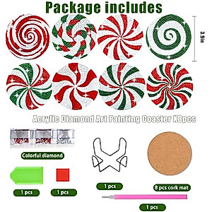 DIYDEC 8pcs Christmas Diamond Candy Paintings Coasters Kits with Holder Diamond Art Coasters Acrylic Diamond Art Paintings Ornament for Adults Kids Xmas Decor DIY Crafts (Red Green White)