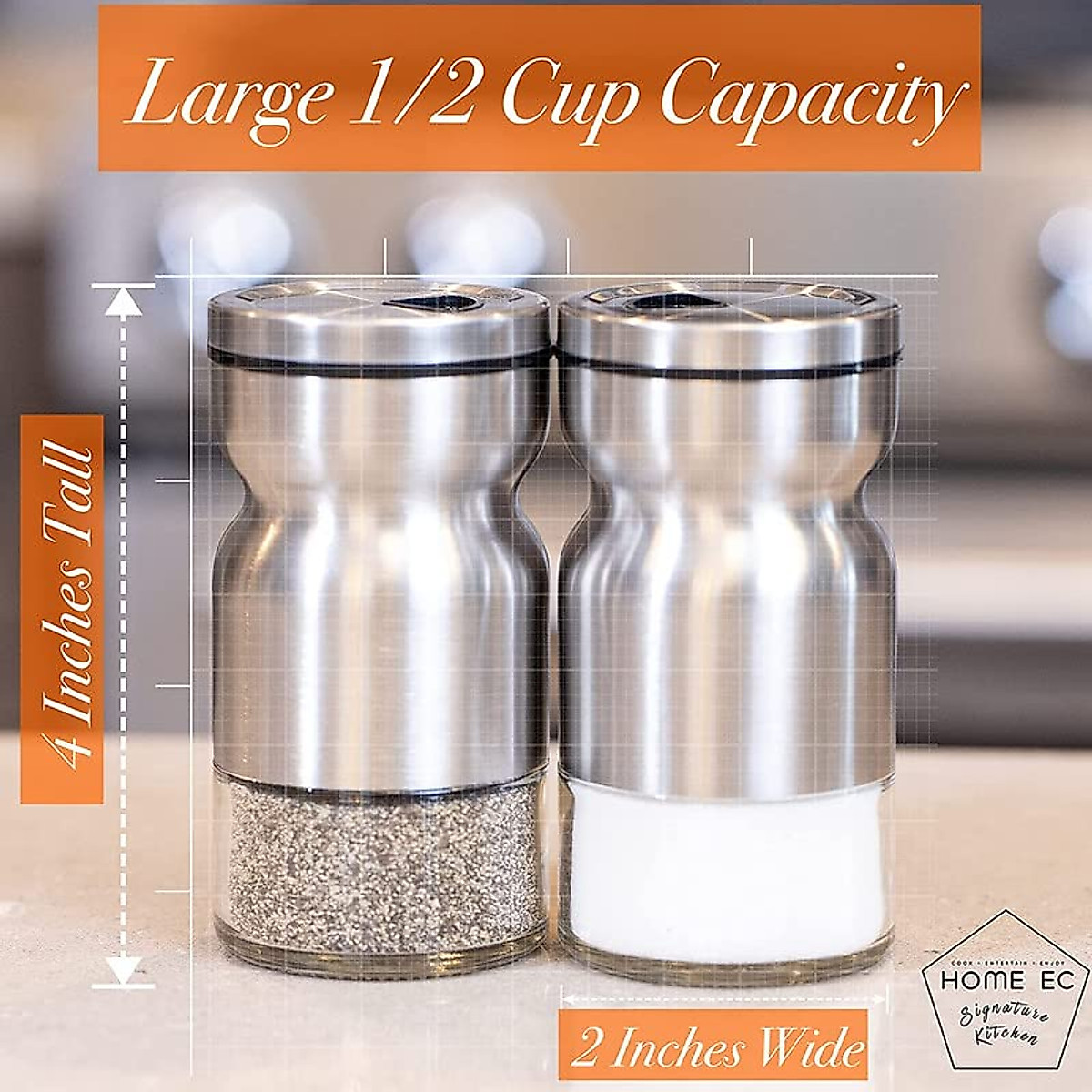 HOME EC Glass Salt and Pepper Shakers Set with Adjustable Pour Holes - Stainless Steel Salt Shaker and Pepper Shaker - Farmhouse Salt and Pepper Shaker Set for Himalayan, Kosher Sea Salts & Spices