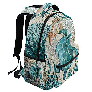 Vdsrup Vintage Turtle Backpack for Girls Kids Boys Ocean Sea Starfish World Map School Book Bag Waterproof Student Laptop Backpacks College Carrying Bags Casual Durable Lightweight