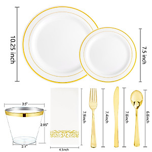 bUCLA 350PCS Gold Plastic Dinnerware Set - Gold Plastic Plates Disposable for 50 Guests Include 50 Dinner Plates,50 Dessert Plates,50 Forks,50 Knives,50 Spoons,50 Cups&50 Napkins for Party