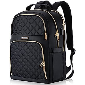Laptop Backpack for Women, Large School Backpack for Teens, 15.6 Inch Travel Quilted Backpack Purse, Computer Bags with USB Charging Port, Large Capacity Back Pack for College Work Business, Black