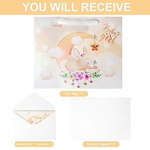 Baby Girl Gift Bag Set with Card and Tissue Papers, 12.6" Paper Bag with Handles for Baby Shower, Baby Girl Birthday, Newborn Party, New Parents