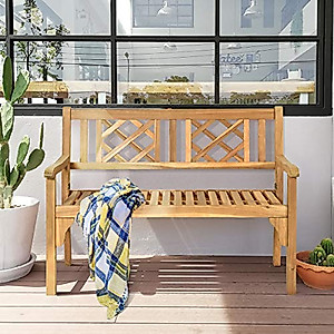 Giantex Patio Wooden Bench, 4 Ft Foldable Acacia Garden Bench, Two Person Loveseat Chair with Curved Backrest and Armrest Ideal for Patio, Porch or Balcony (Teak)