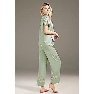 AW BRIDAL 2Pcs Sexy Womens Pajama Sets - Short Sleeve Silk Pajamas Long Pj Pants With Lace, Button Up Pajamas For Women, Sage Green, S| Clever Bridal Shower Gifts Bachelorette Gifts For Bride Pajamas