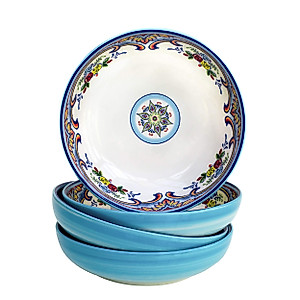 Euro Ceramica Zanzibar Collection Pasta Bowl Sets, Set of 4, Spanish Floral Design, Multicolor Blue (Single PacK), YS-ZB-1001-5-5
